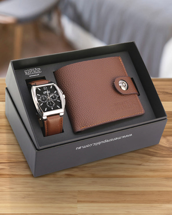 Men's Republic Watch set with Leather Wallet - Brown