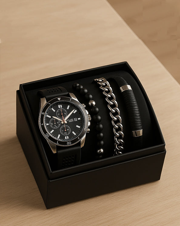 Men's Republic Watch set with 3 Bracelets - Black