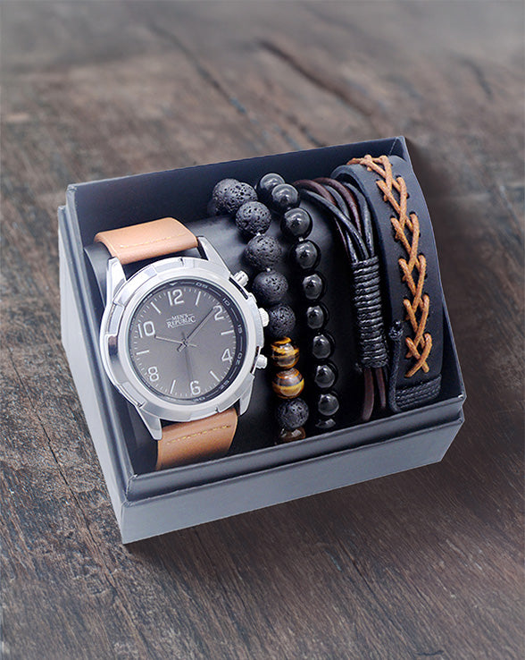 Men's Republic Watch set with 4 Bracelet - Black/Brown